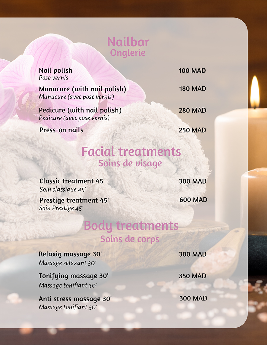 Carte Spa riad les oliviers